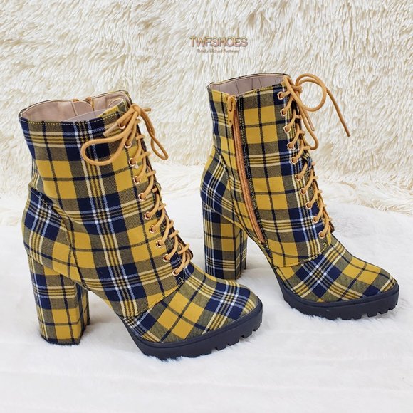 Mata | Shoes | Sexy Yellow Plaid Chunky Heel Lace Up Ankle Boots | Poshmark
